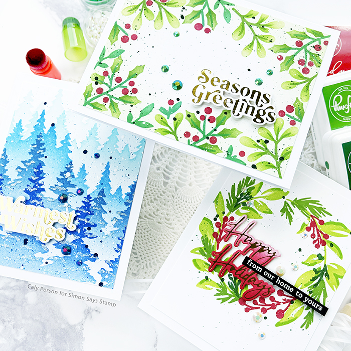 Pinkfresh Studio – 3 Holiday Stenciled Cards – Caly Person